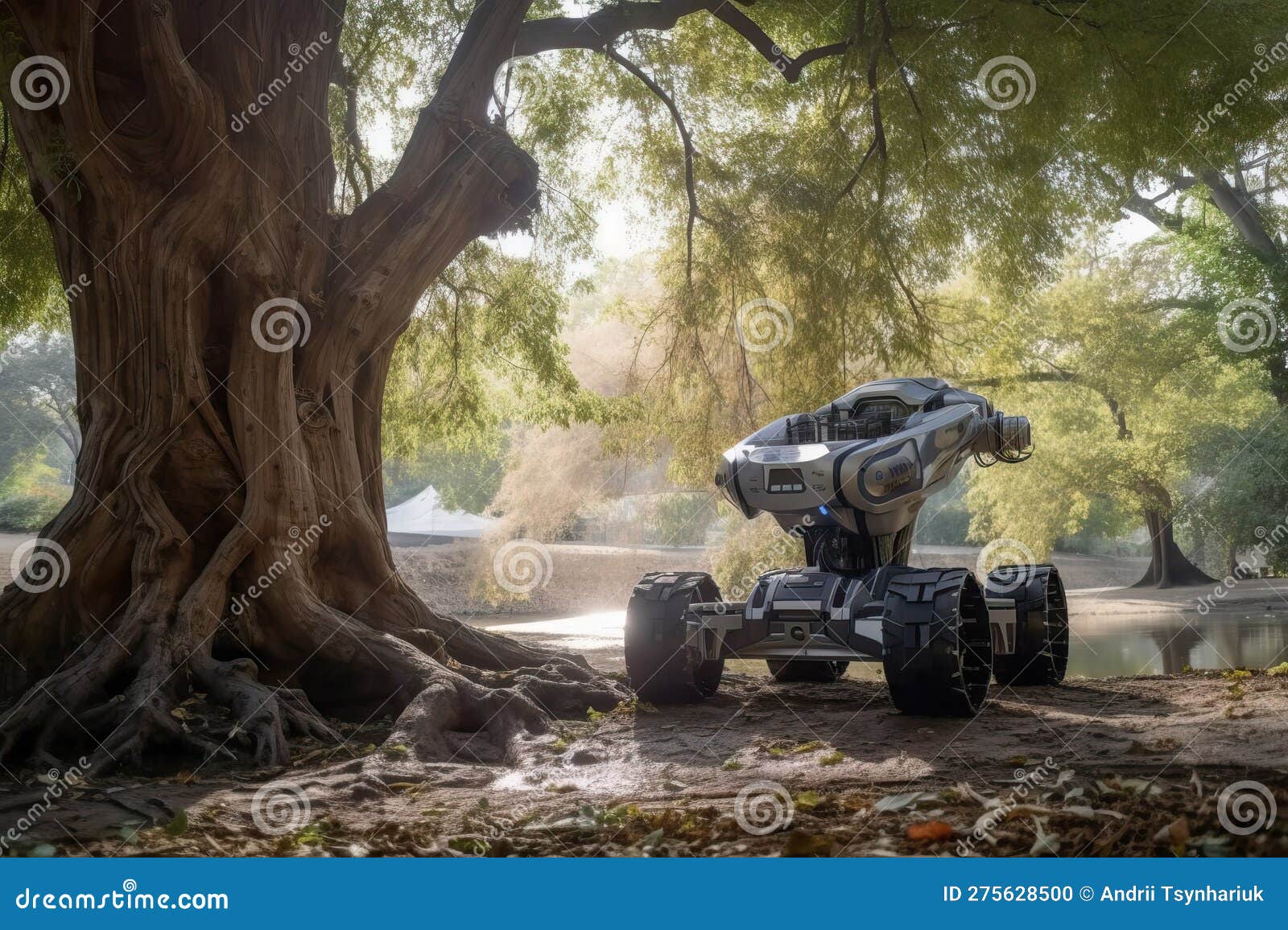 A Robot Equipped with an Irrigation System Waters the Trees in the Park ...
