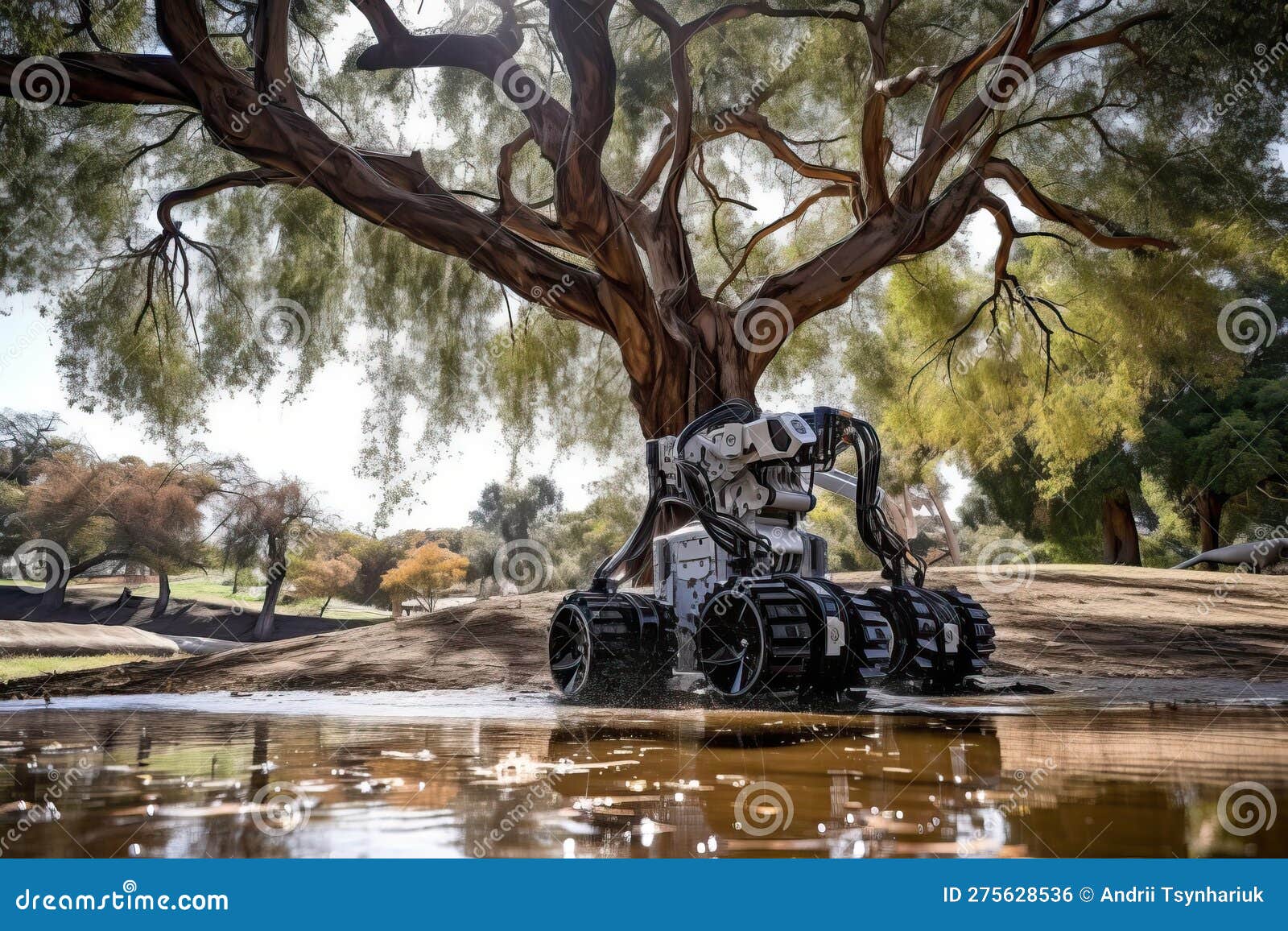 A Robot Equipped with an Irrigation System Waters the Trees in the Park ...