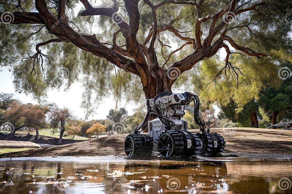 A Robot Equipped with an Irrigation System Waters the Trees in the Park ...