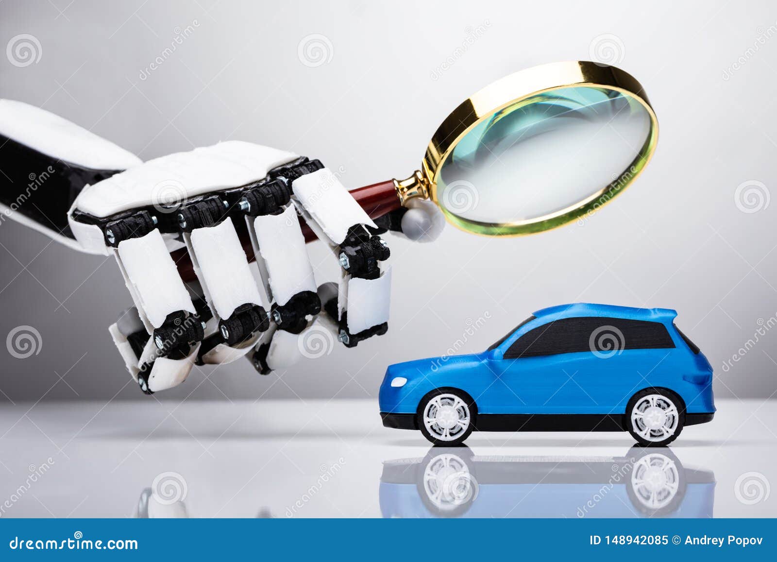 Robot Examining Blue Car stock image. Image of magnifier - 148942085
