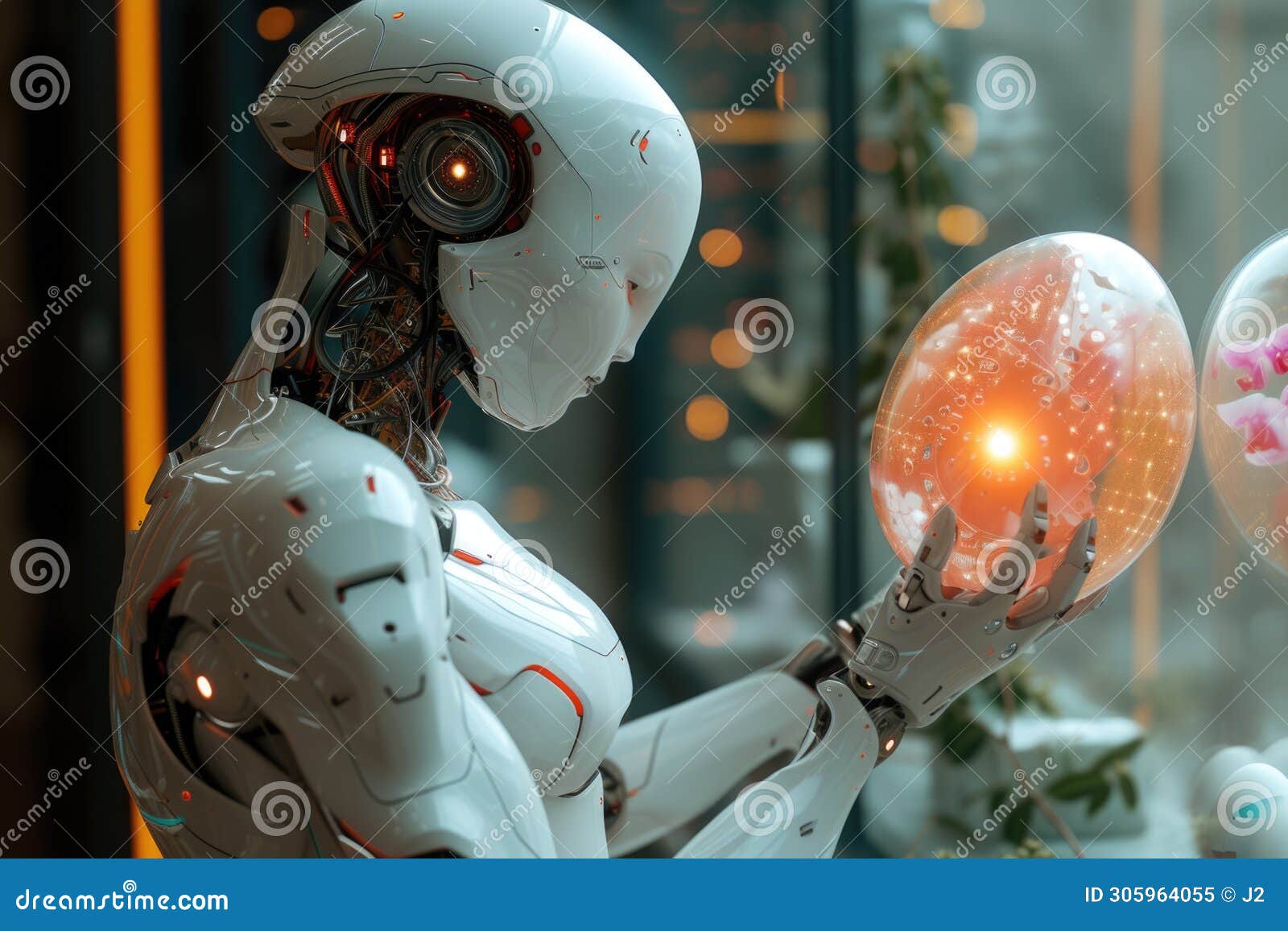 A Robot Examining an Easter Egg Against a Backdrop of Nature Indoors ...