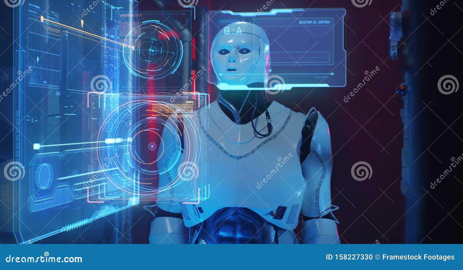 Robot Examining Holographic Display Stock Photo - Image of android ...