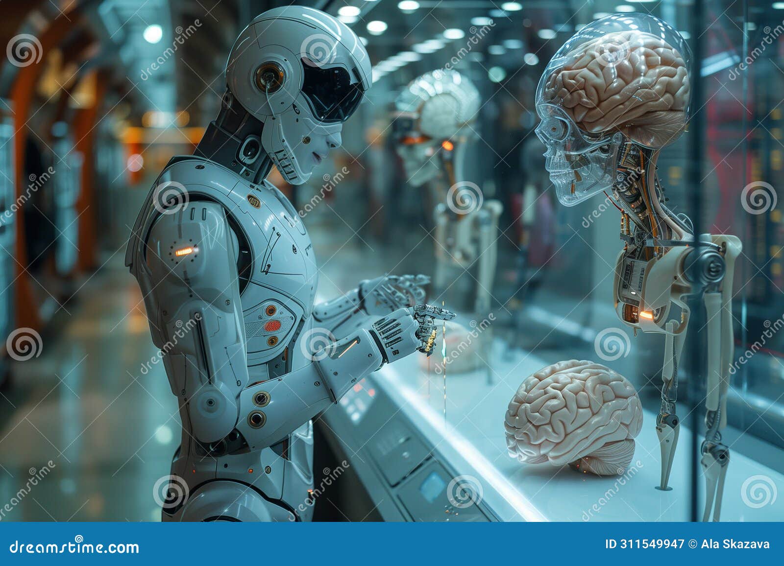 Robot Examining Human Brain in Display Case Stock Illustration ...