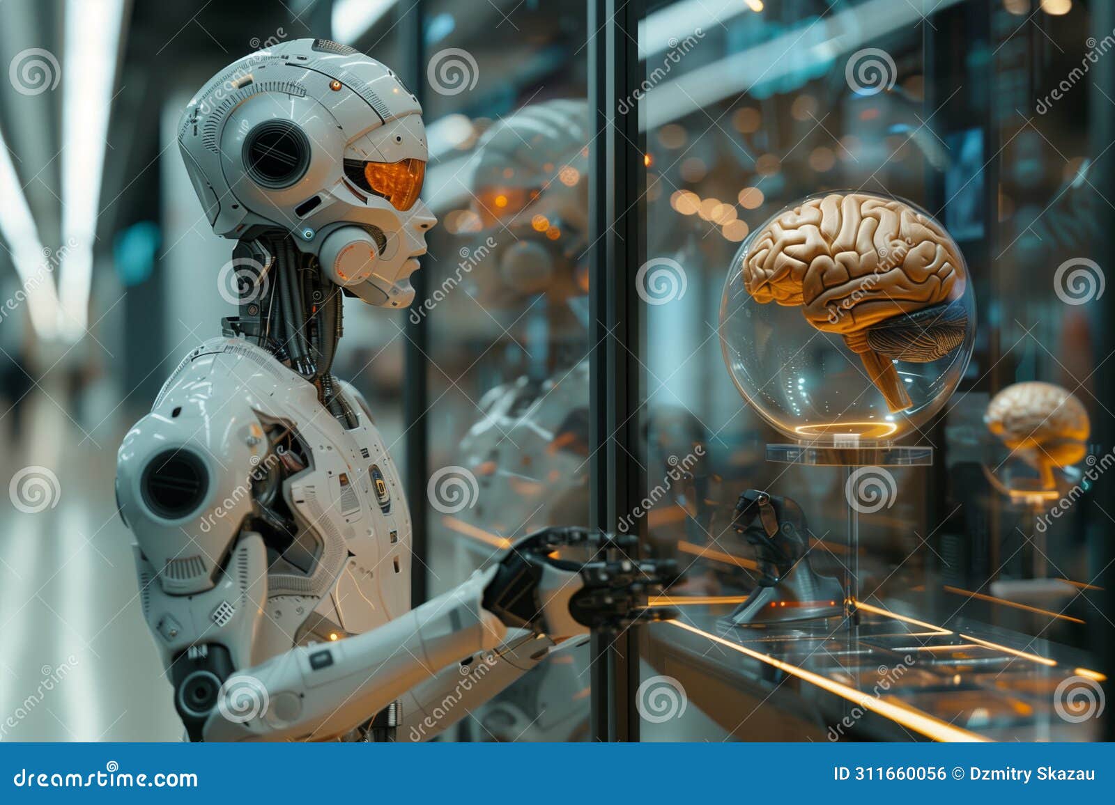 Robot Examining Human Brain in Display Case Stock Photo - Image of ...