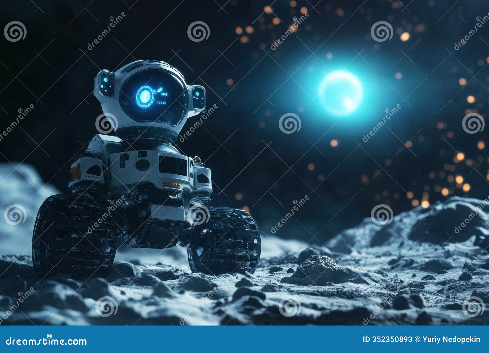 Robot Explorer on the Lunar Surface Observing Distant Celestial Body at ...