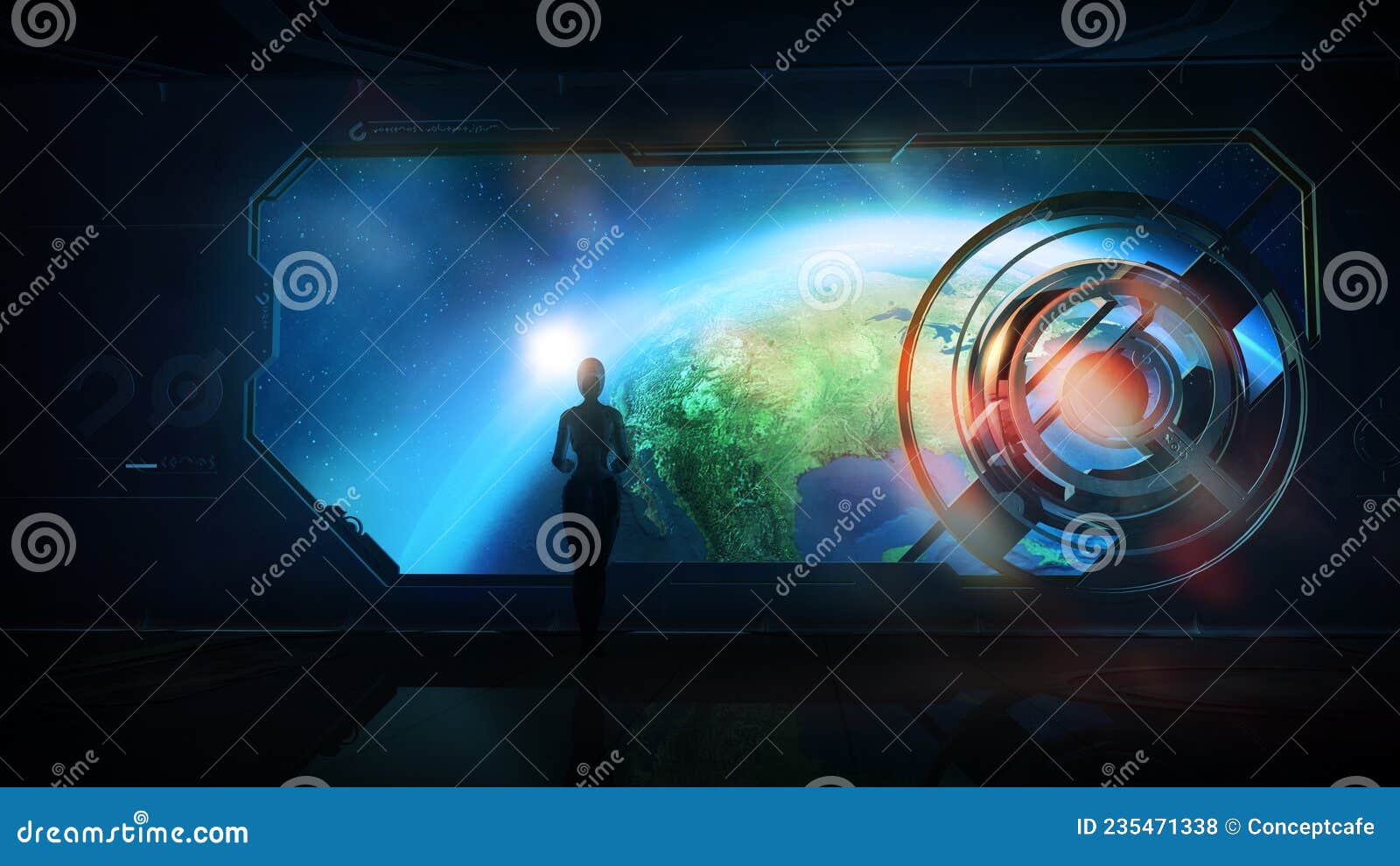 The Robot Explores the Earth from Orbit, 3D Render. Stock Illustration ...