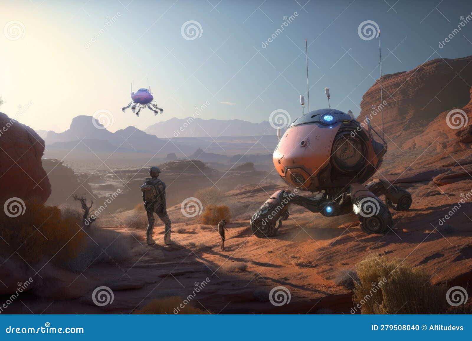 Robot, Exploring Alien Landscape, with Strange and Otherworldly ...