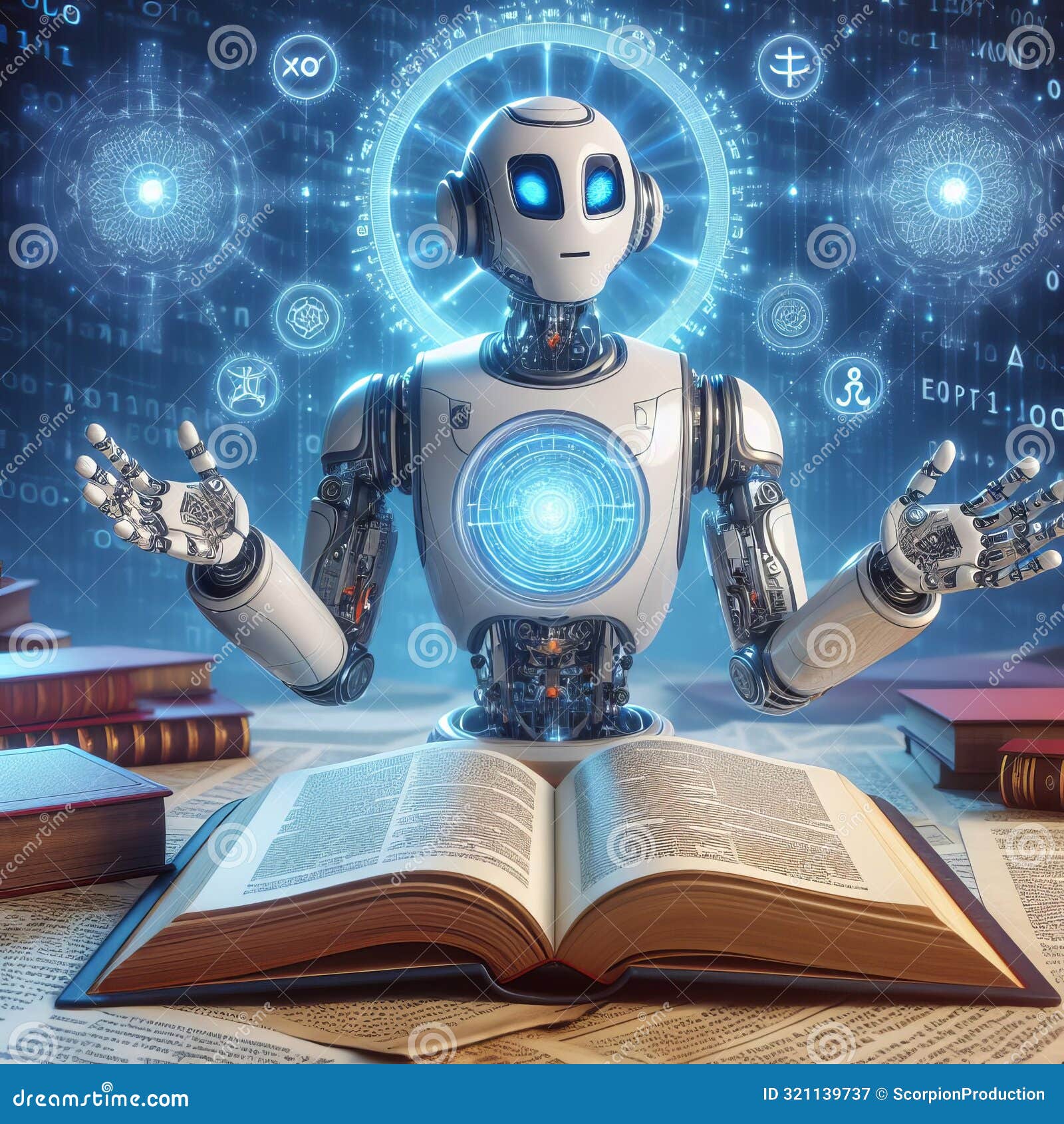 Robot Exploring Ancient Knowledge with Open Books Stock Image - Image ...