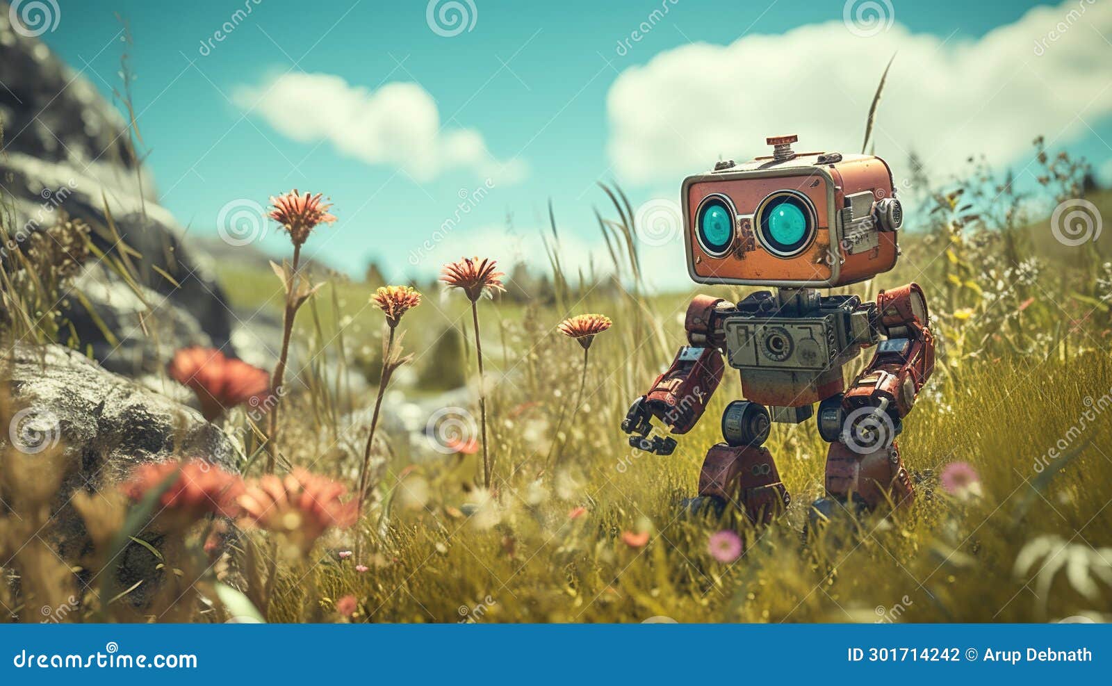 A Robot Exploring a Natural Landscape, with Vibrant Colors and Detailed ...