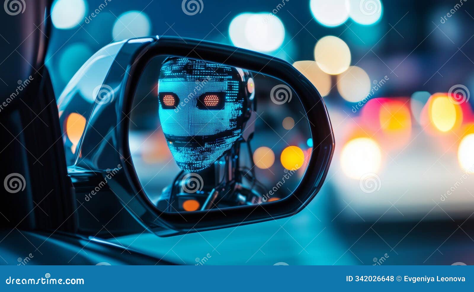 Robot Face in Car S Rearview Mirror Representing Autonomous Driving and ...