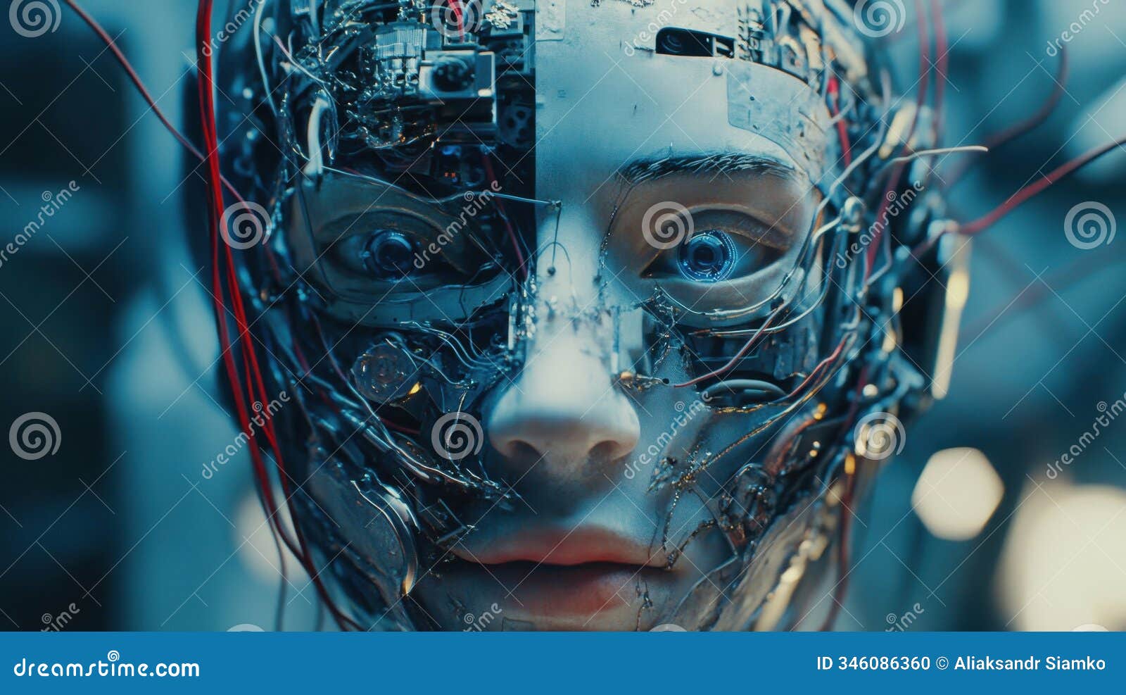 Robot Face with Exposed Wires Symbolizing Futuristic Technology Stock ...