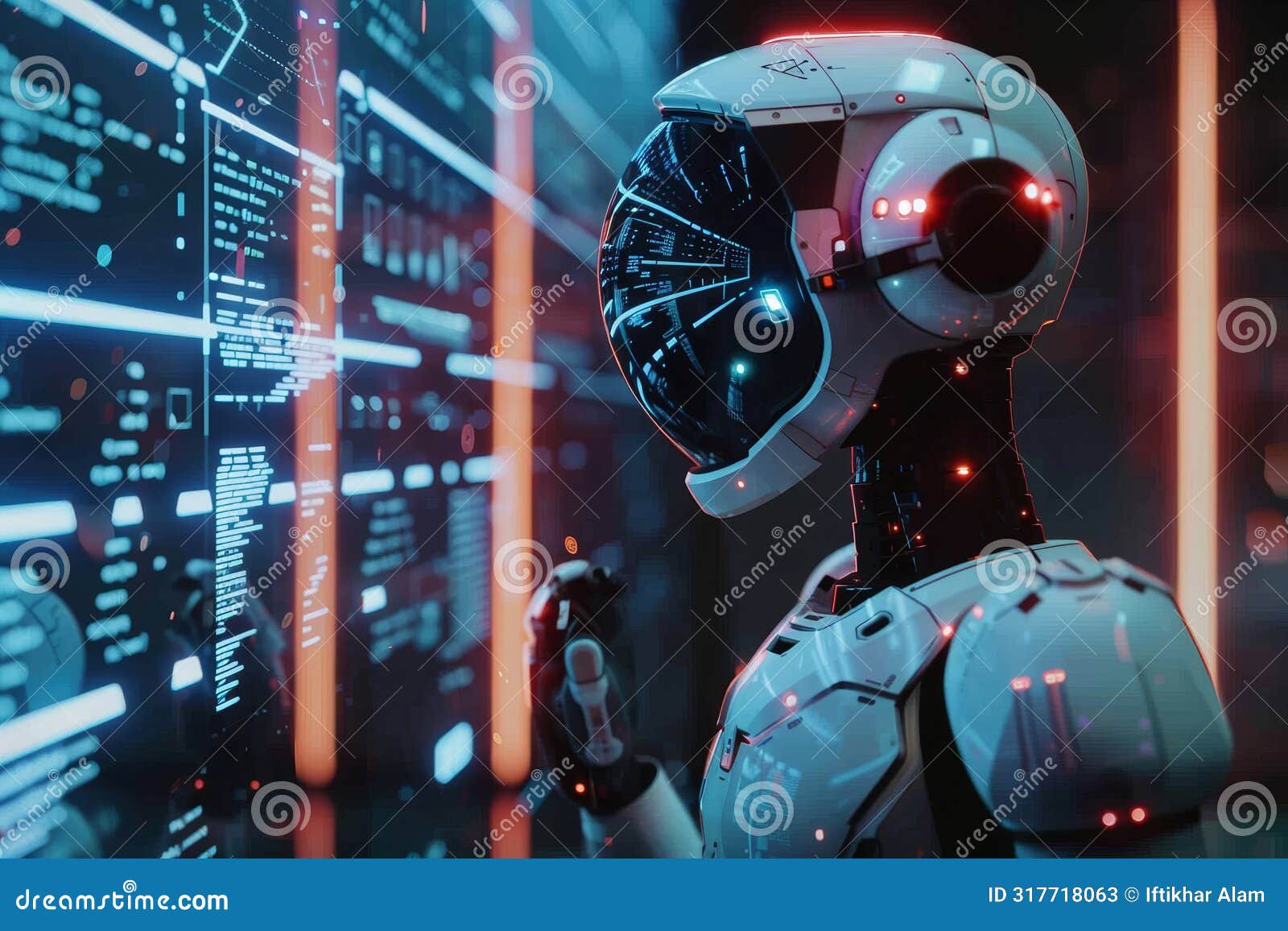 A Robot is Facing a Wall Covered with Complex Data, Displaying ...