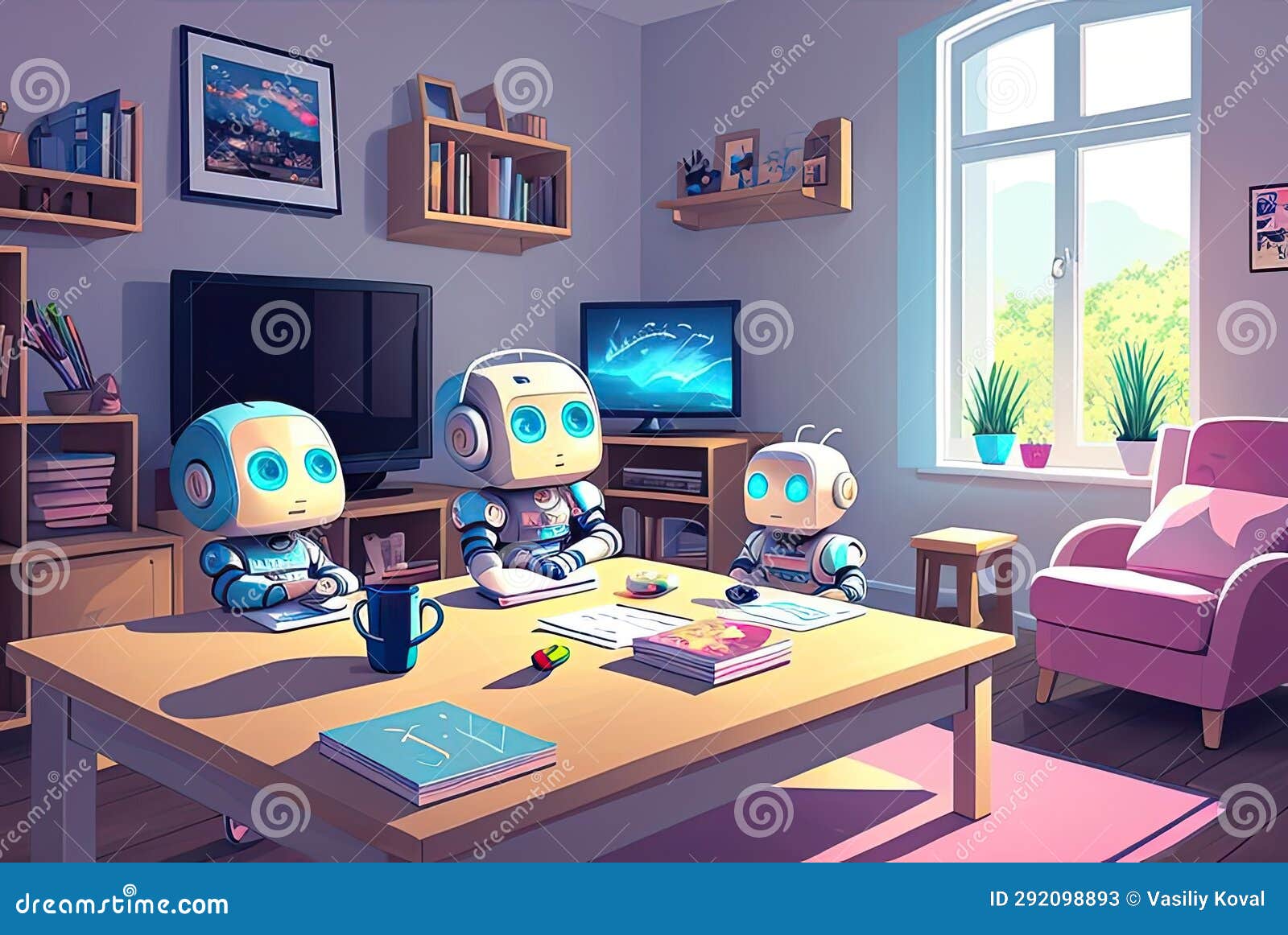 Robot Family Doing Homework. Generative Ai Stock Illustration ...