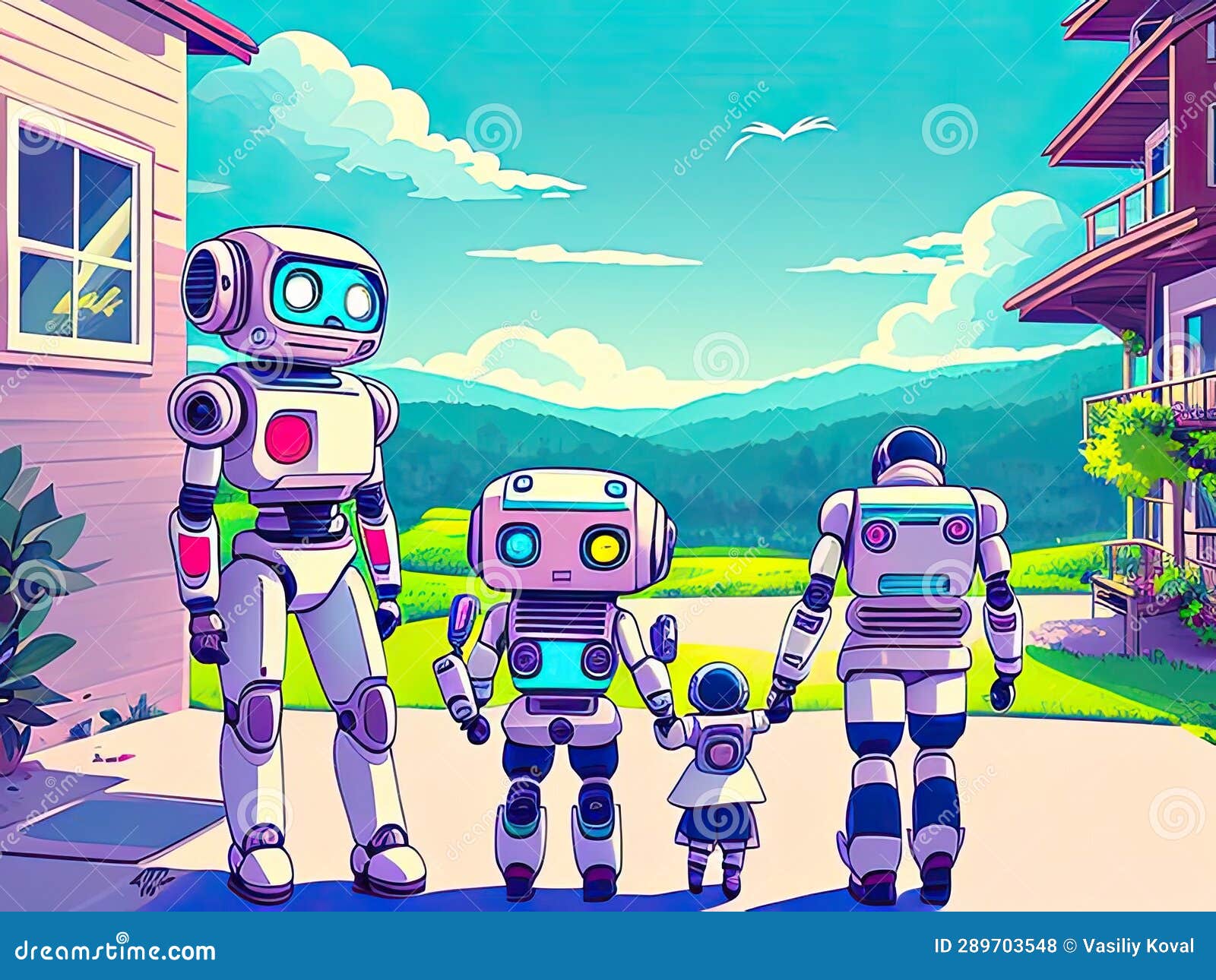 Robot Family Walking Outdoor. Generative Ai Stock Illustration ...