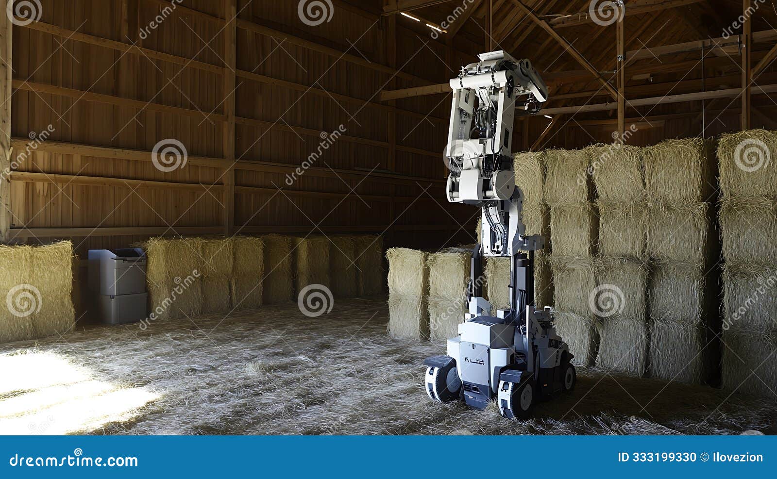 A Robot Farmer Stacking Bales of Hay in a Barn, Demonstrating Strength ...