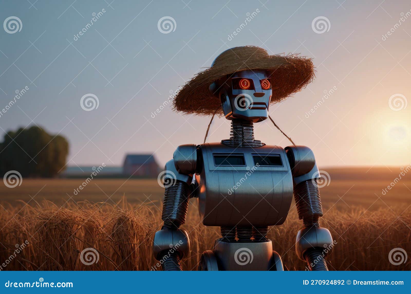A Robot Farmer with a Straw Hat on His Head in a Field of Wheat with ...