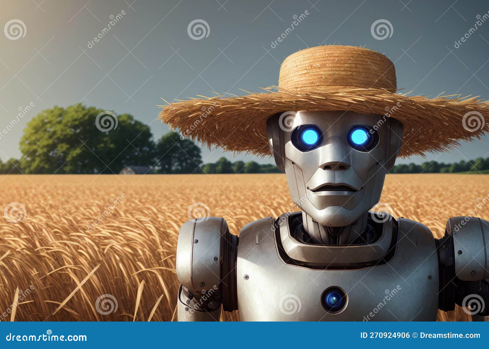 A Robot Farmer with a Straw Hat on His Head in a Field of Wheat with ...