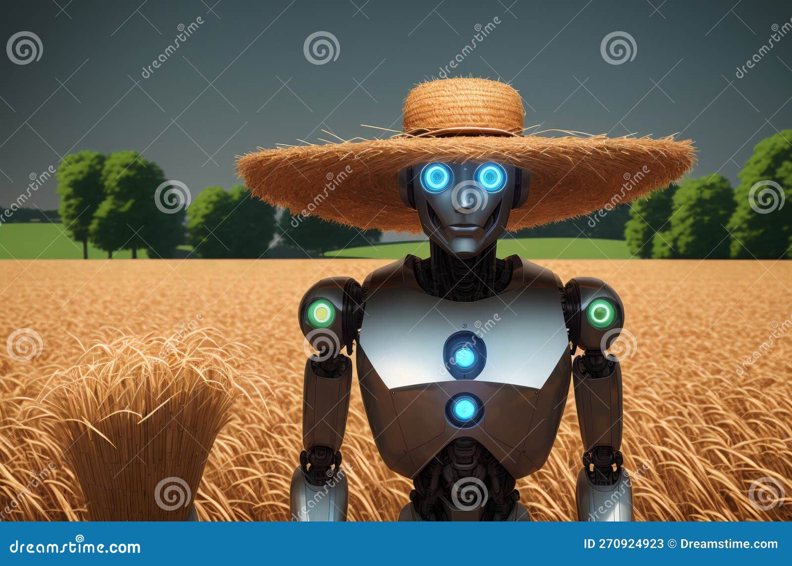 A Robot Farmer with a Straw Hat on His Head in a Field of Wheat with ...