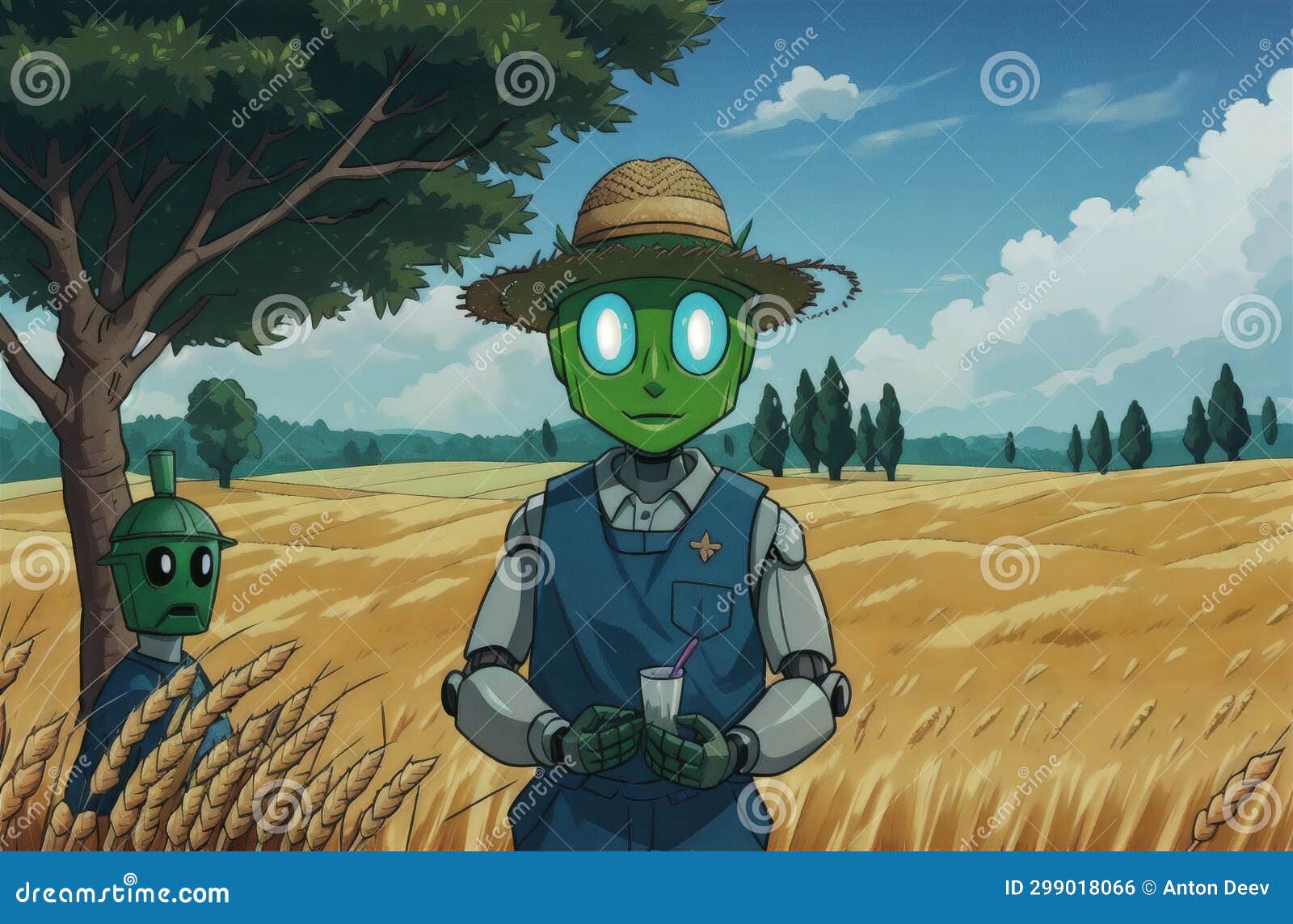 A Robot Farmer with a Straw Hat on His Head in a Field of Wheat with ...
