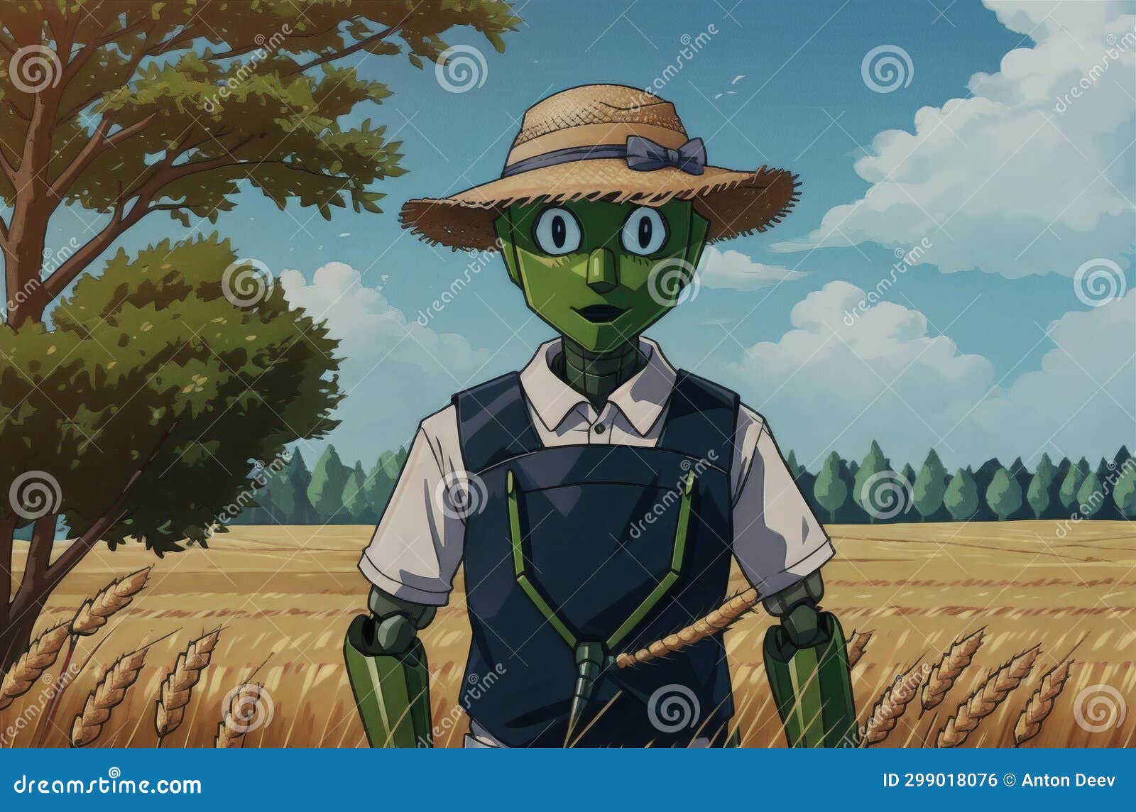 A Robot Farmer with a Straw Hat on His Head in a Field of Wheat with ...