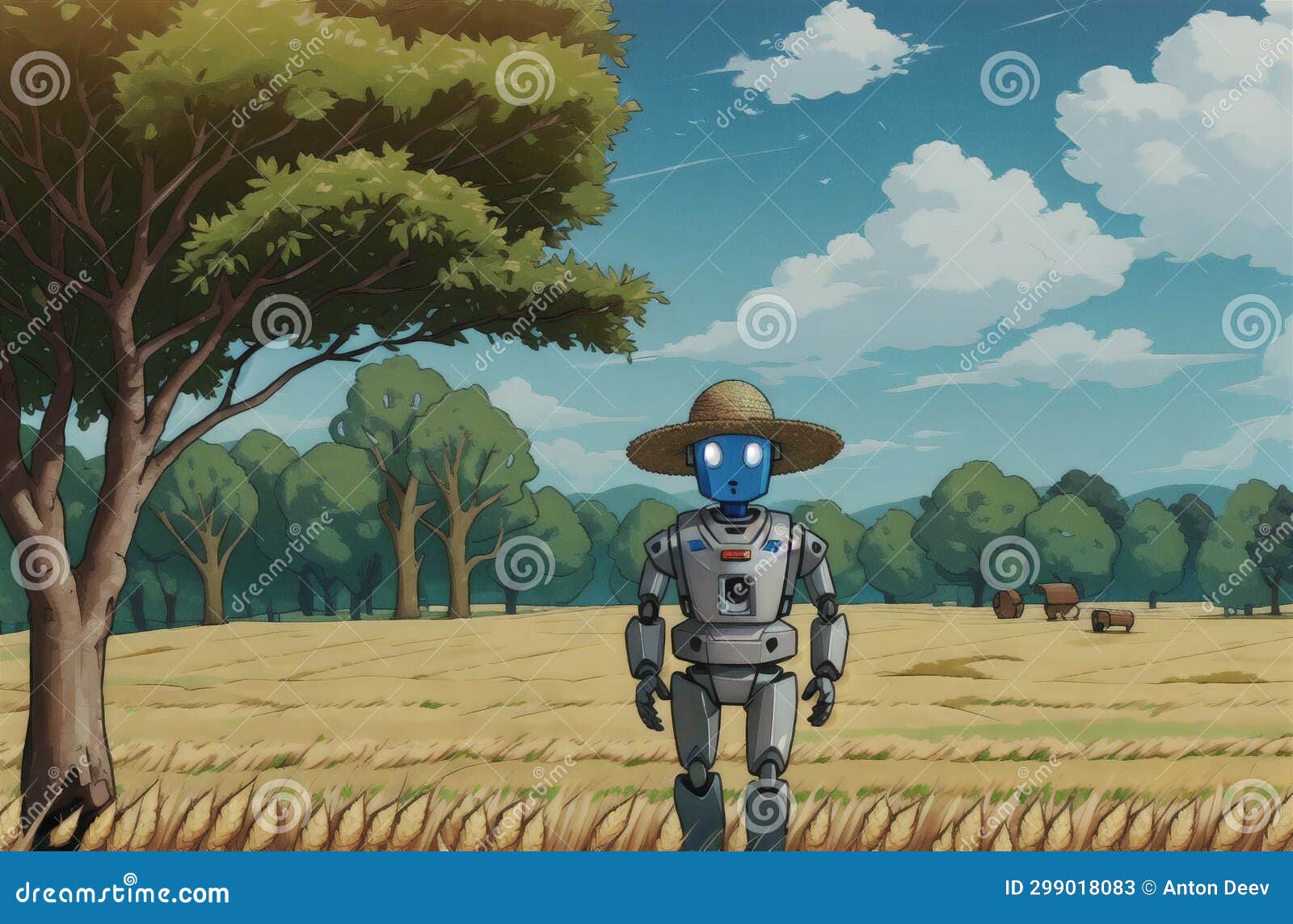A Robot Farmer with a Straw Hat on His Head in a Field of Wheat with ...