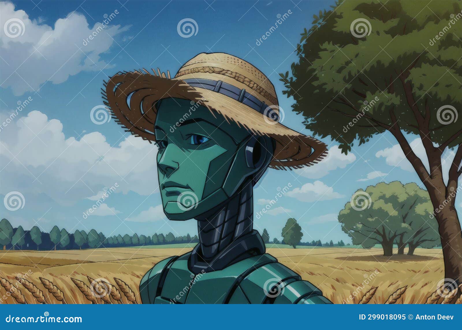 A Robot Farmer with a Straw Hat on His Head in a Field of Wheat with ...