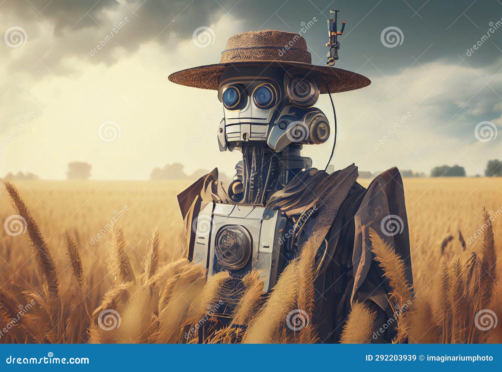 Robot Farmer in a Straw Hat on His Head Stock Image - Image of ...
