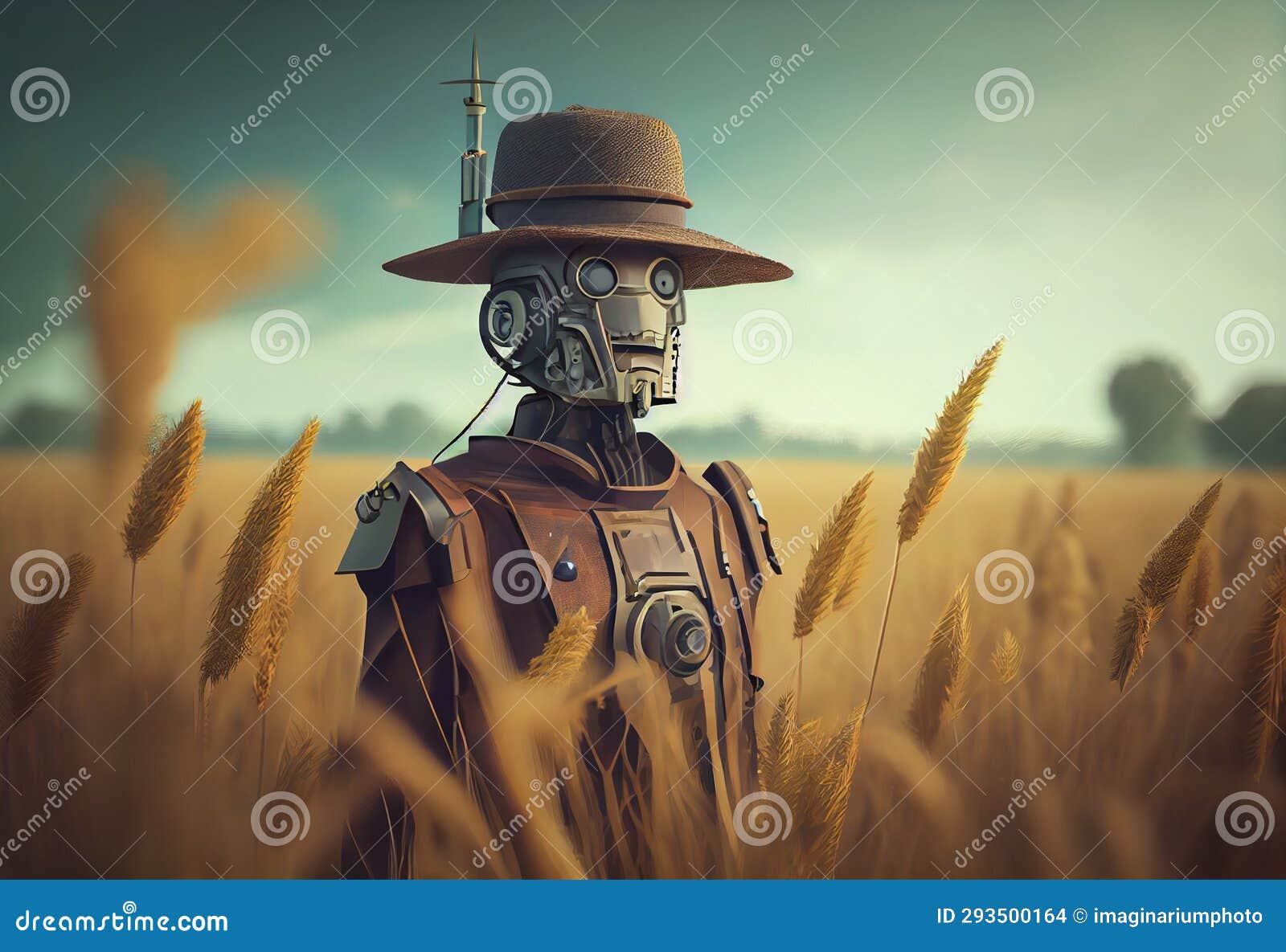 Robot Farmer in a Straw Hat on His Head Stock Photo - Image of ...