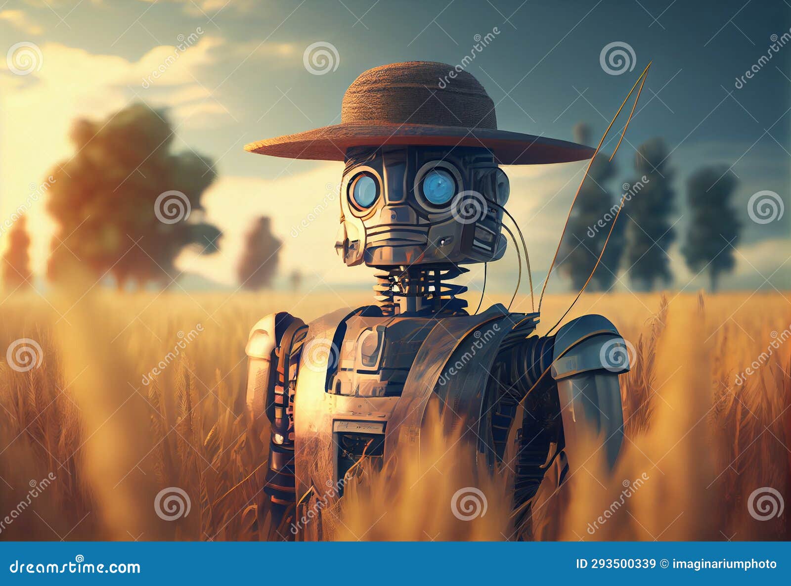 Robot Farmer in a Straw Hat on His Head Stock Image - Image of ...