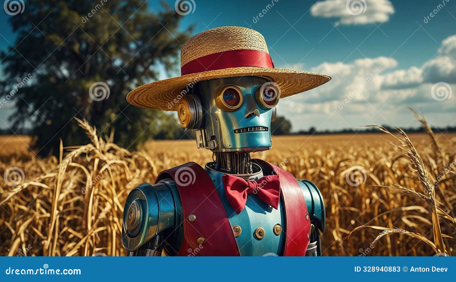 Robot Farmer In Straw Hat. Mechanical Cybernetic Machine In Wheat Field ...