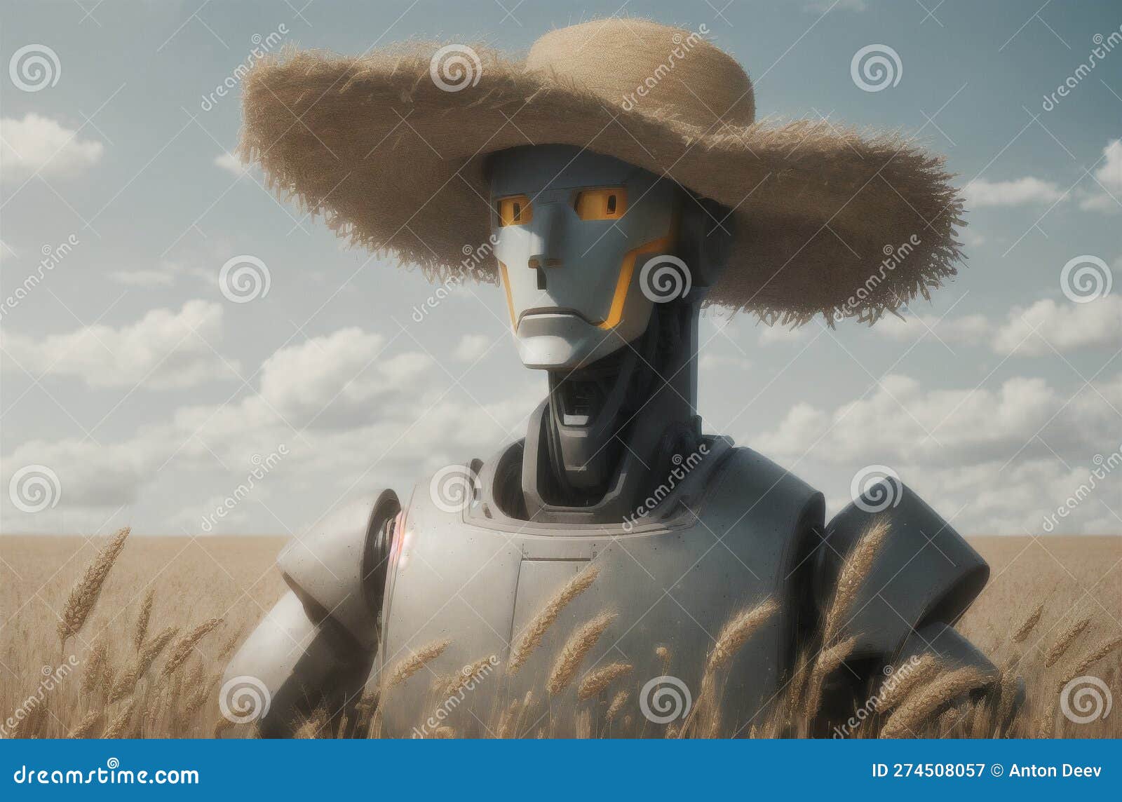 Robot Farmer in Straw Hat. Mechanical Cybernetic Machine in Wheat Field ...