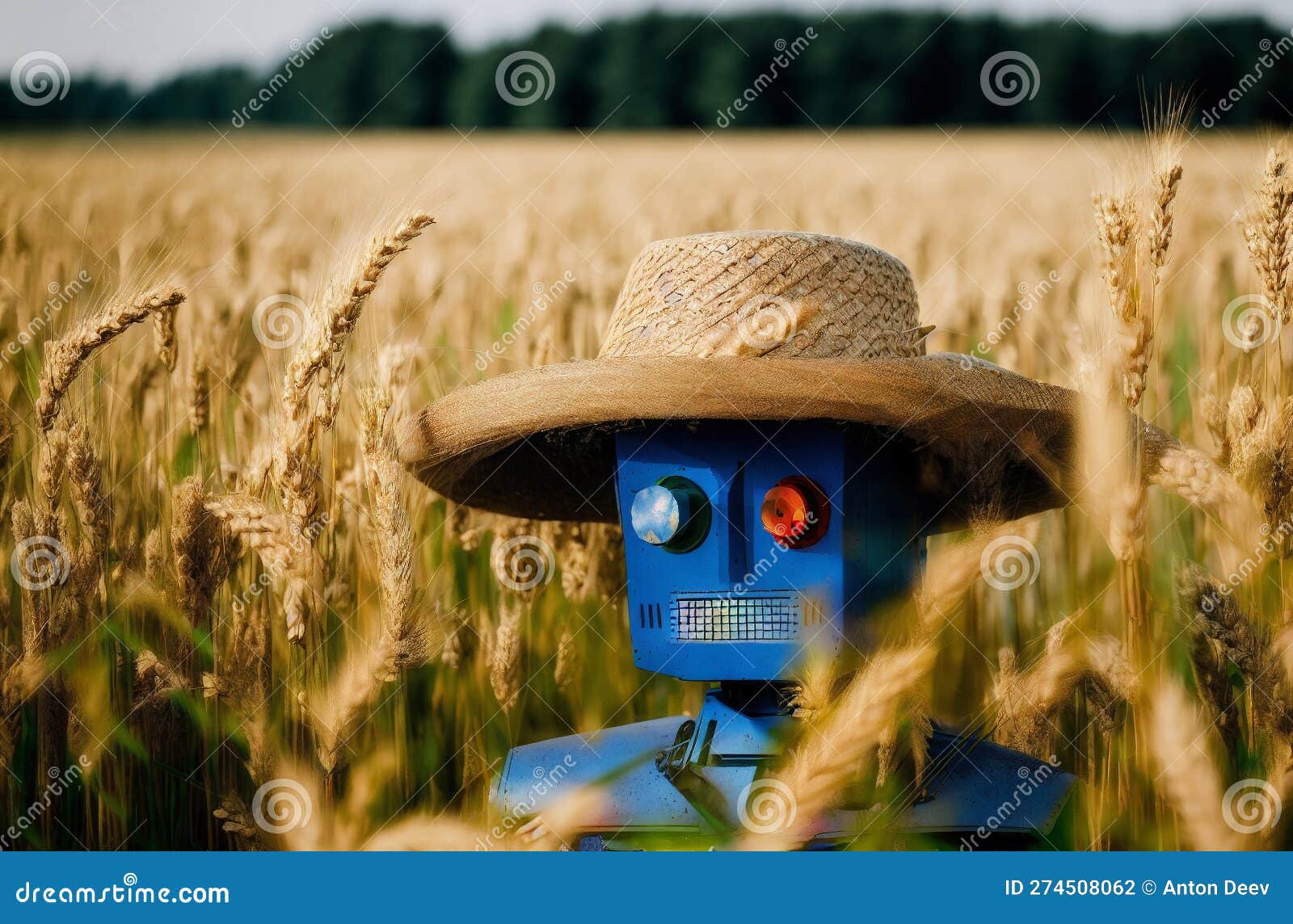 Robot Farmer in Straw Hat. Mechanical Cybernetic Machine in Wheat Field ...