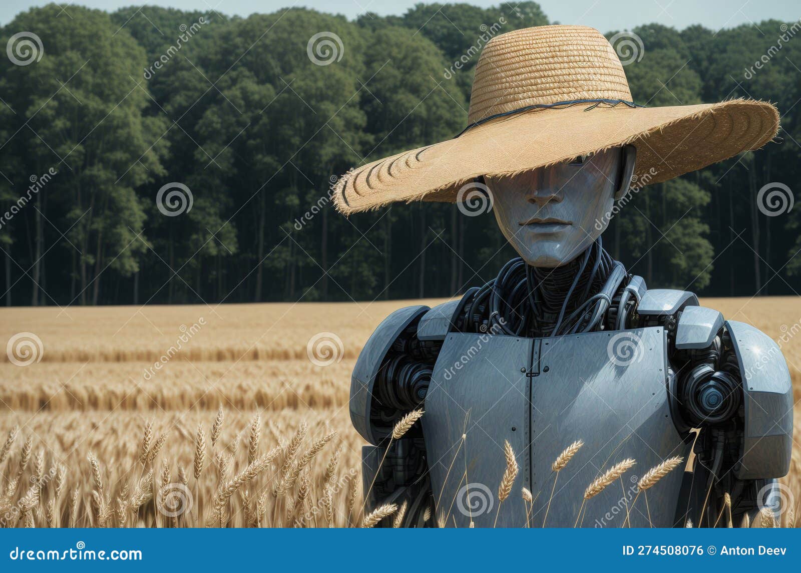Robot Farmer in Straw Hat. Mechanical Cybernetic Machine in Wheat Field ...