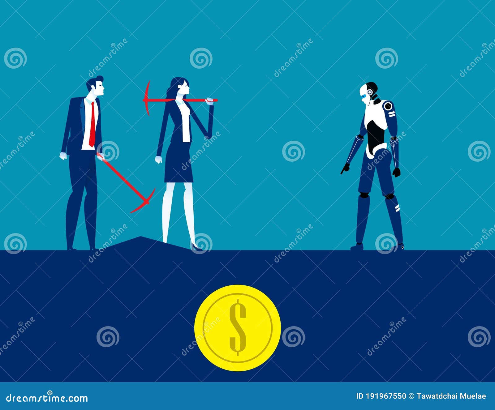 Robot Finding Gold Money with Digger. Business Digging Concept Stock ...