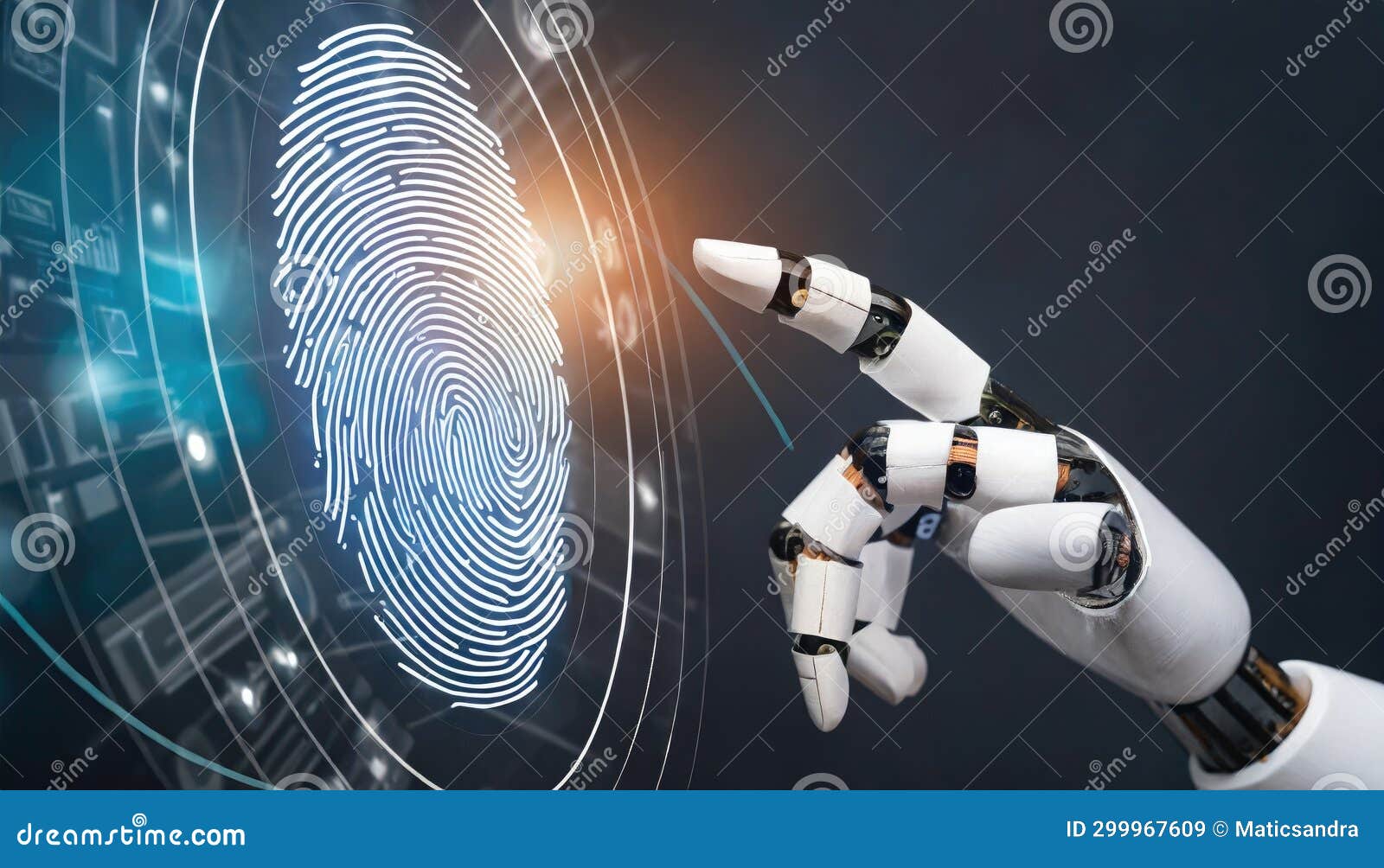 The Robot Finger Touches the Display Digital Data Protection. Generated ...