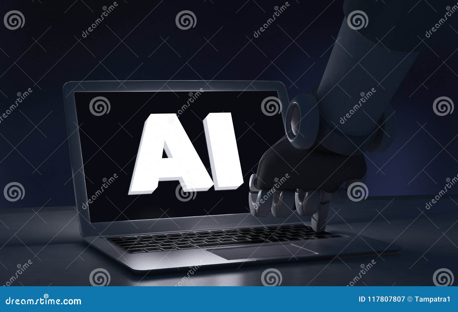 Robot Finger Touching a Laptop Computer with AI Text. Artificial Stock ...