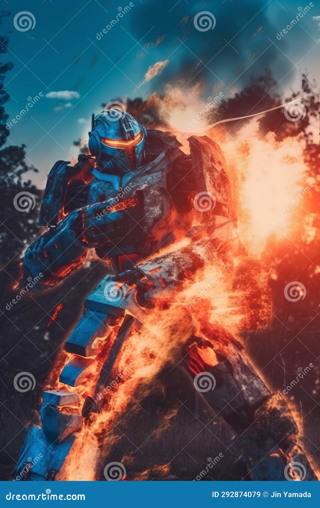 Robot with Fire on His Body in the Forest at Night. Stock Illustration ...