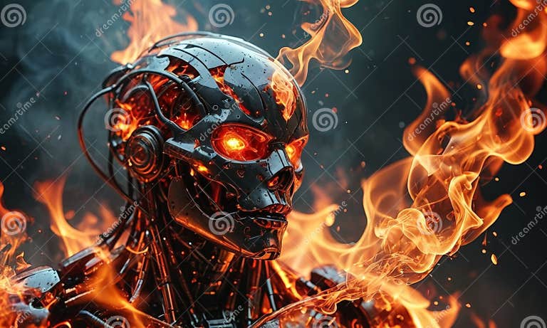 Robot with Fire in His Face Stock Illustration - Illustration of devil ...