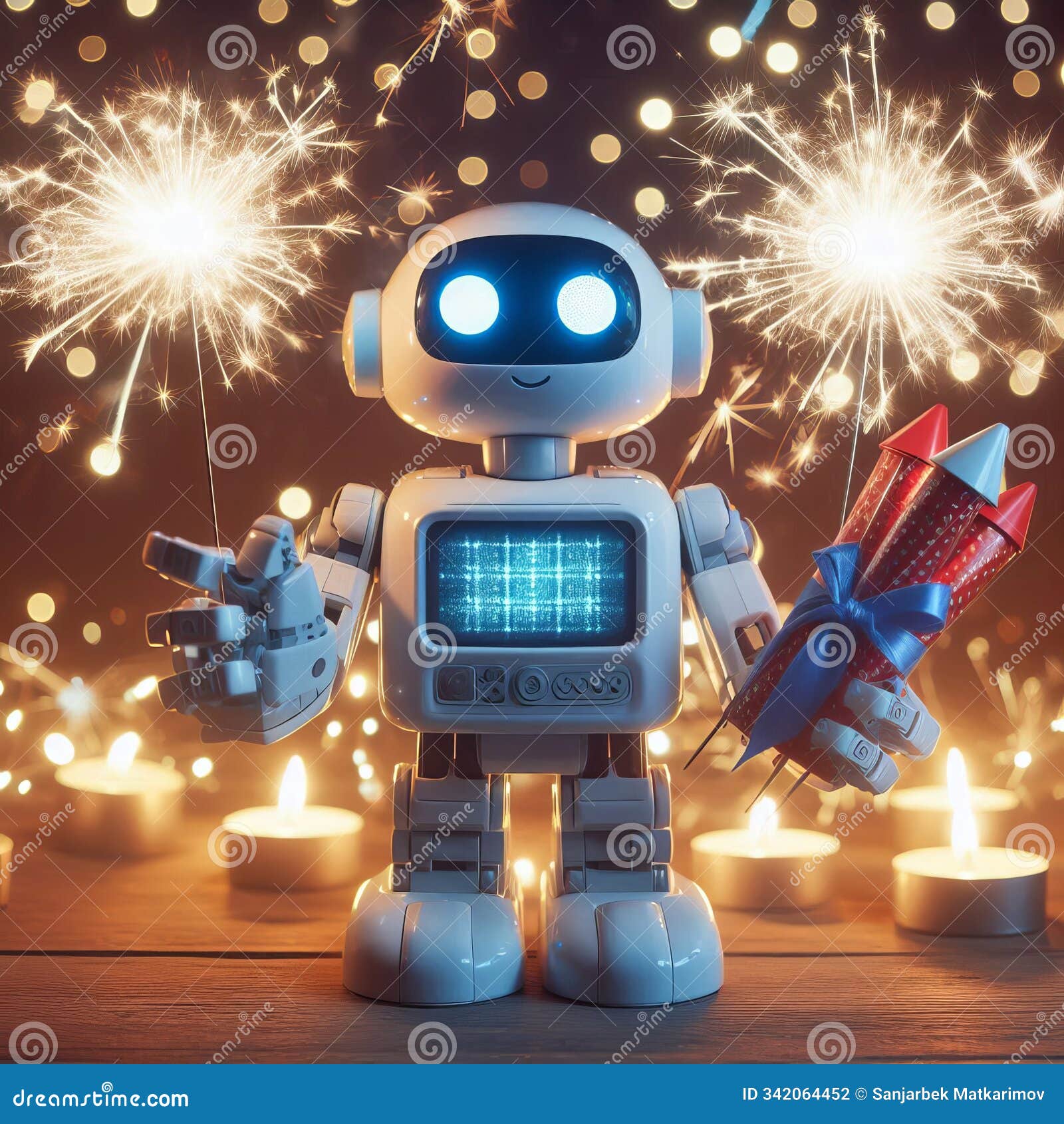 Robot with Fireworks a Robot Holding Fireworks Representing the Stock ...