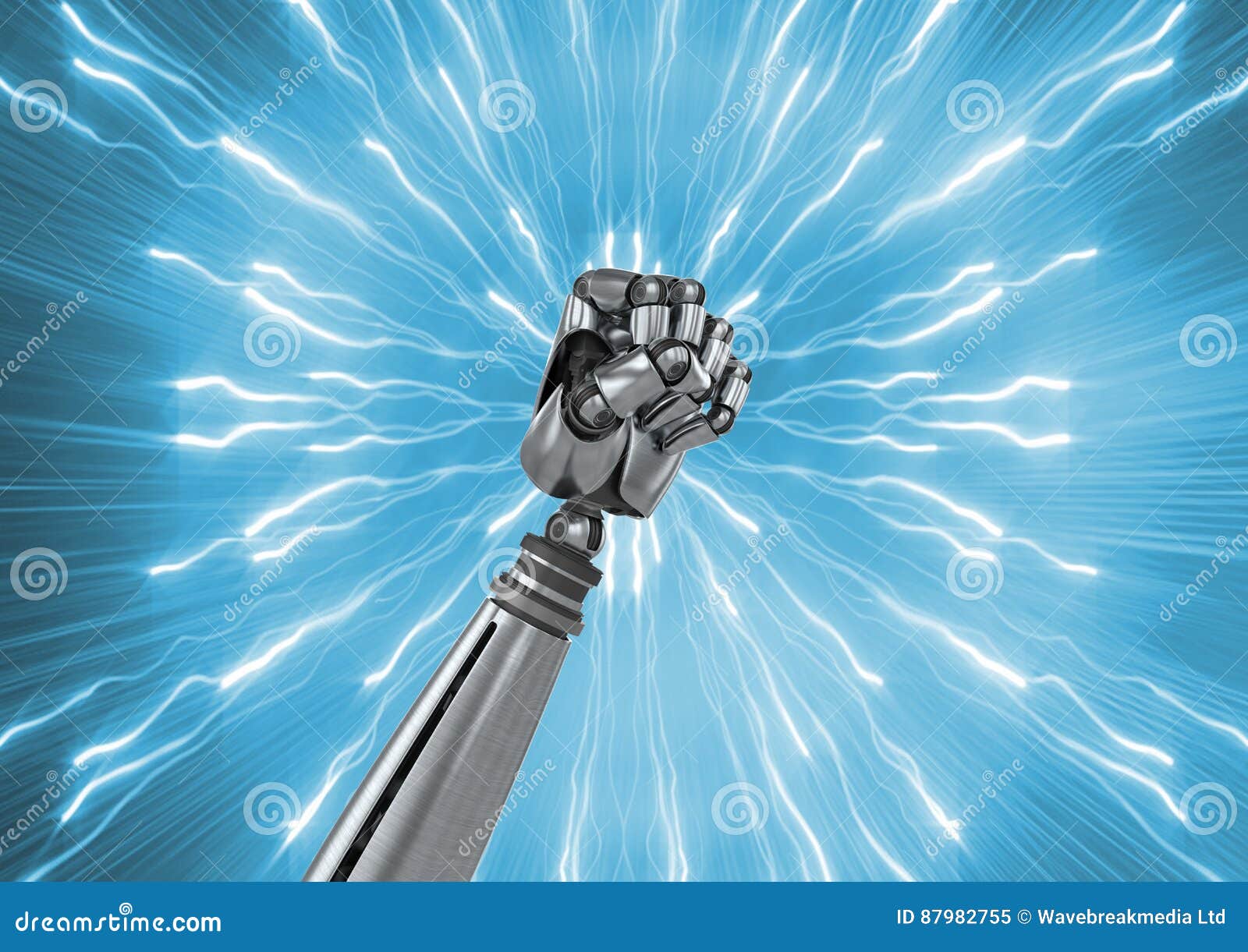Robot Fist with Sparks Against Blue Background Stock Illustration ...