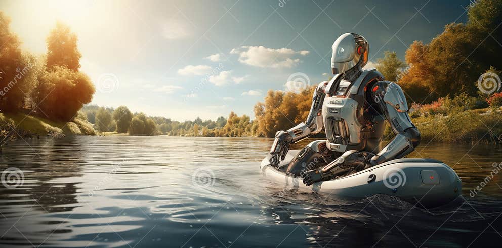 Robot Floats in a Boat, Generative Ai Stock Illustration - Illustration ...