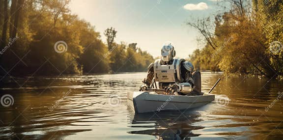 Robot Floats Down the River in a Boat, Generative Ai Stock Illustration ...