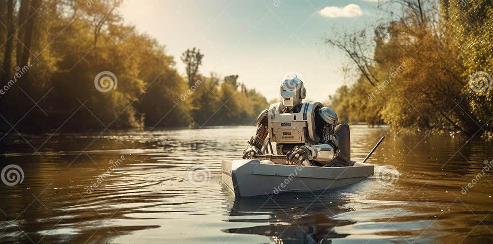 Robot Floats Down the River in a Boat, Generative Ai Stock Illustration ...