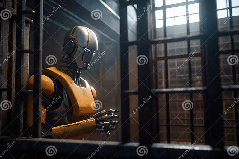 Robot on Floor of the Cage in Prison , Concept of Captivity, Created ...