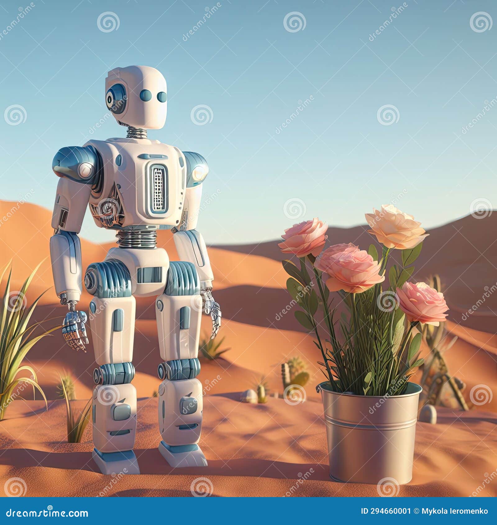 A Robot with Flowers in the Desert Stock Illustration - Illustration of ...