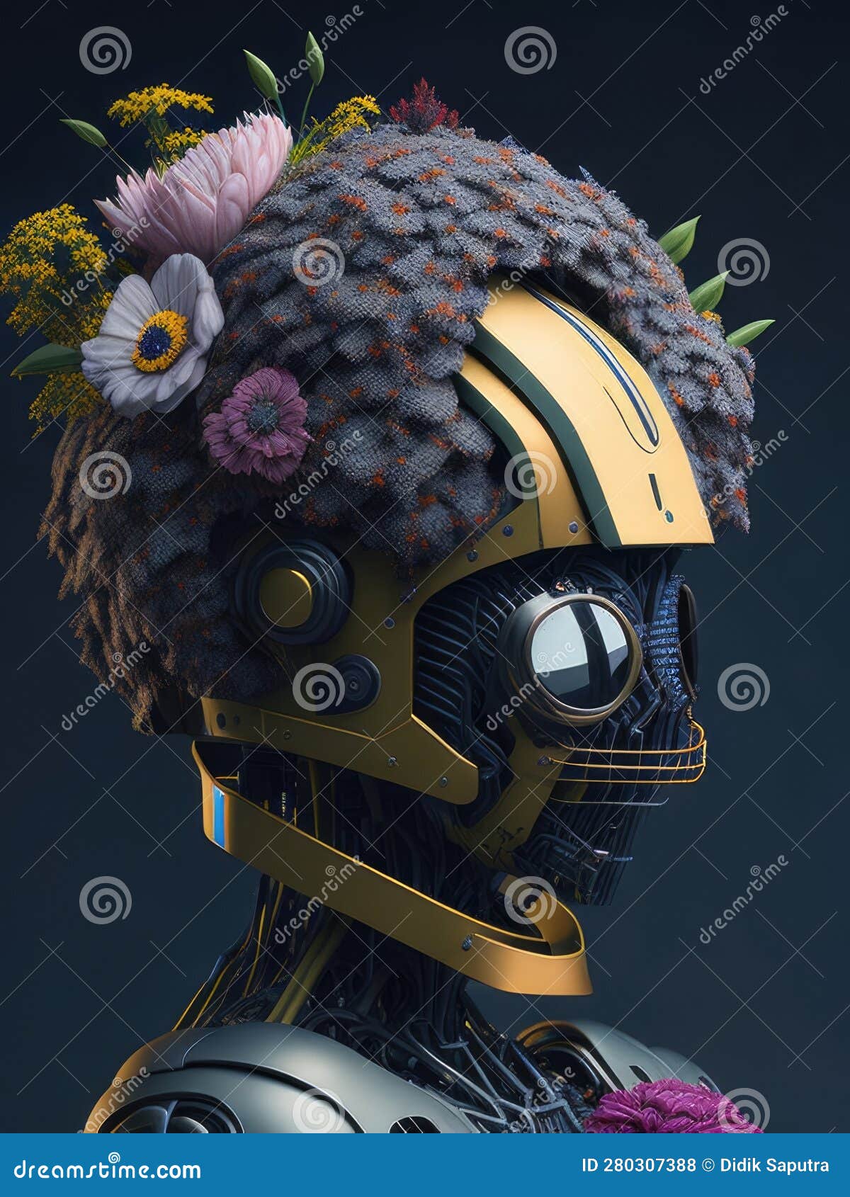 Robot with Flowers Growing Out of the Head Stock Illustration ...
