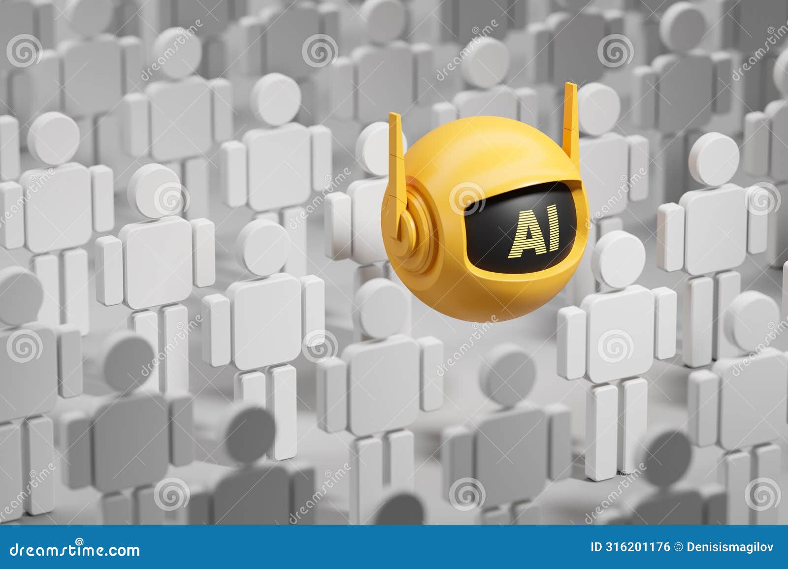 Robot Flying Over People Figures, Artificial Intelligence Replace ...