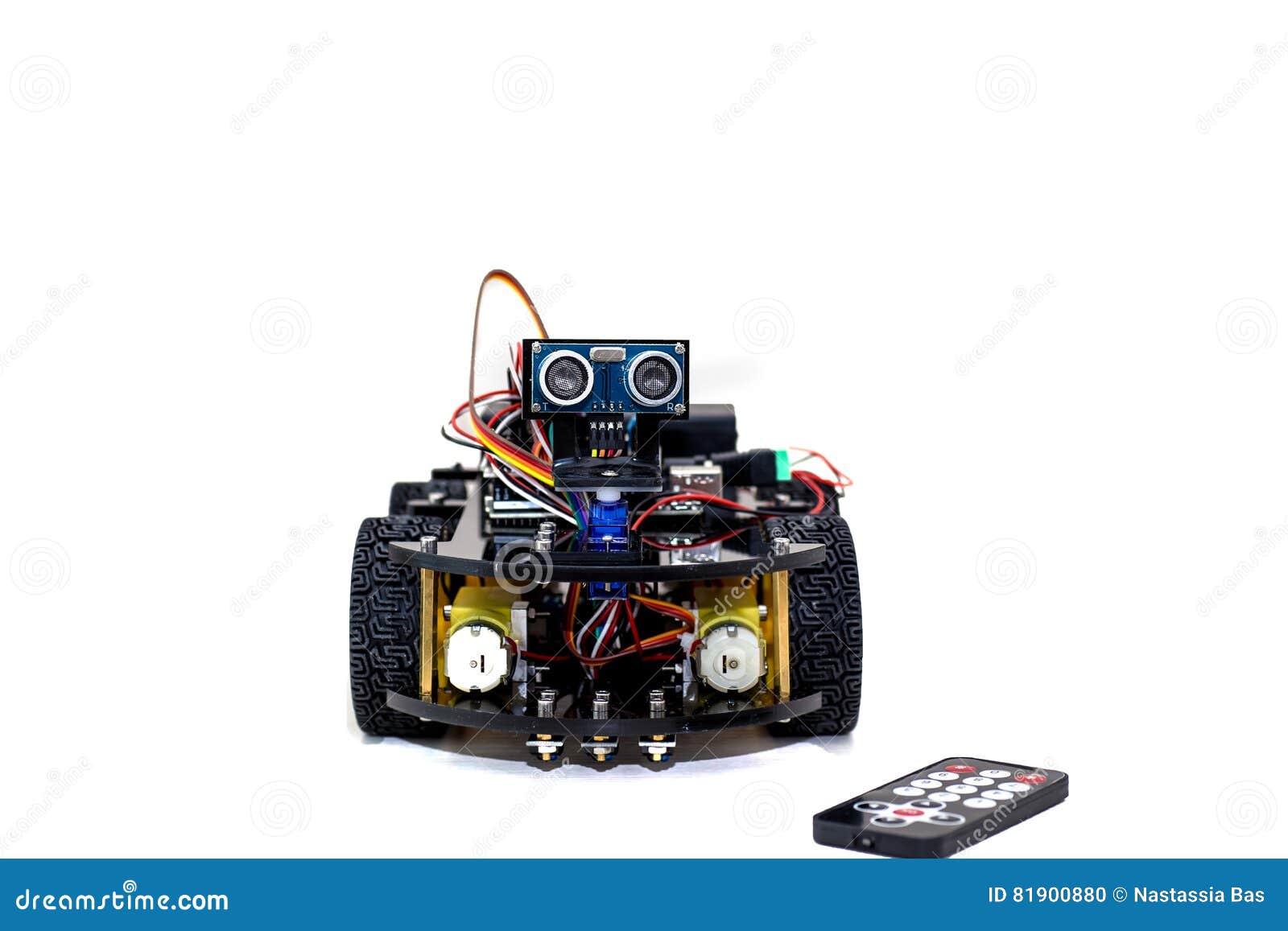 Robot with Four Wheels and Control on a White Background Stock Photo ...