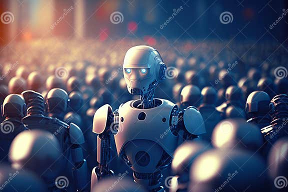 A Robot in Front of a Crowd of Robots. the Robotic Army of the Future ...