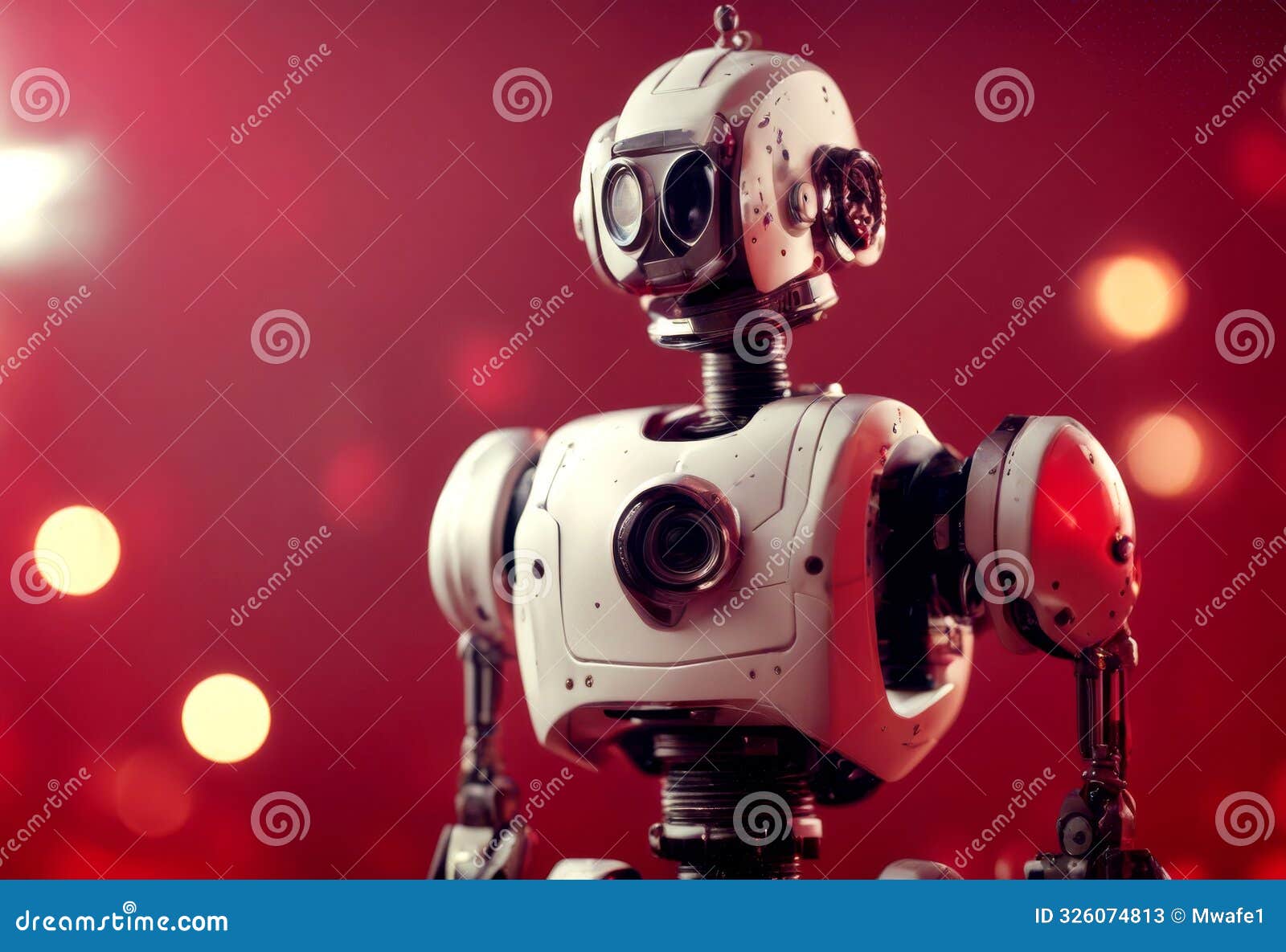 Robot Front Standing Red Background Confident Technology Artificial ...